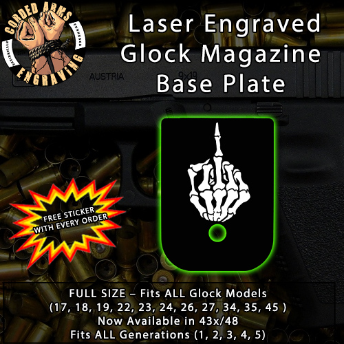 FU Skeleton Hand Engraved Aluminum Glock Magazine Base Plates