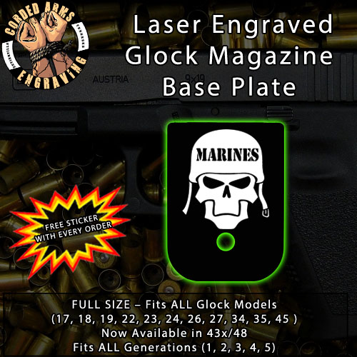 Marine's Skull Engraved Aluminum Glock Magazine Base Plates