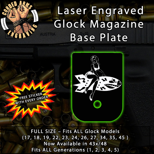 Pinup Bomber Girl Engraved Aluminum Glock Magazine Base Plates